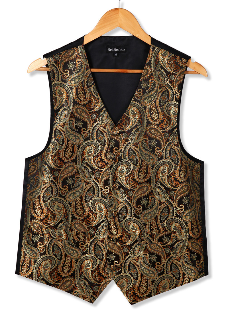 2021 Ve14 Gold Brown Paisley Top Design Wedding Men 100 Silk Waistcoat