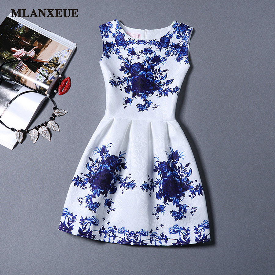 Women Fashion Dress Retro Leisure Printing Sleeveless Women Summer