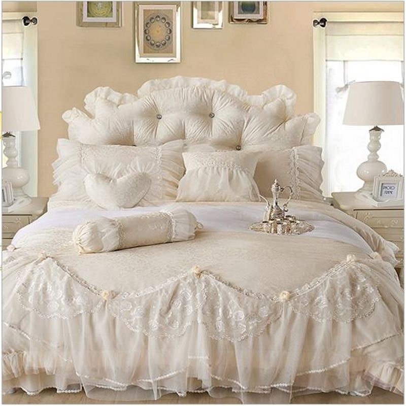 2015 Luxury Jacquard Silk Princess Bedding Sets Queen King 4pcs Beige